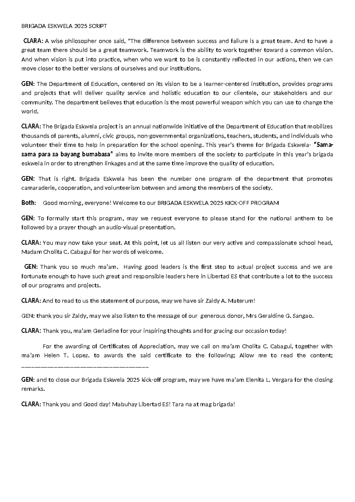 Brigada Eskwela 2025 Program Script: A Call for Teamwork and Community ...