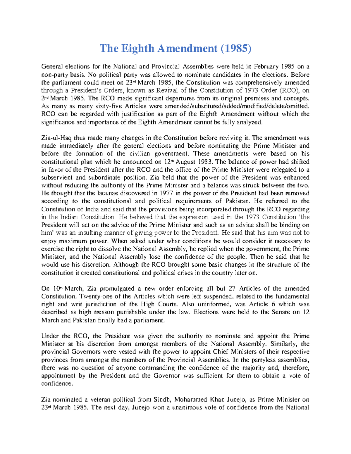 The Eighth Amendment: Context and Implications in Pakistan's ...