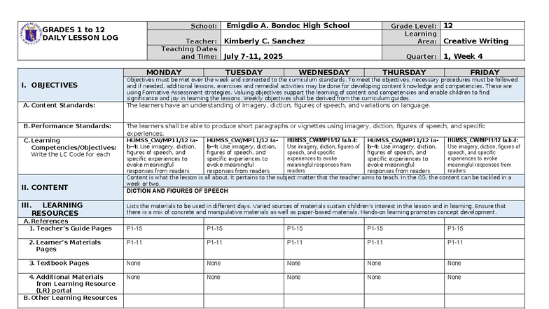 Grade 12 Creative Writing: Daily Lesson Log (Q1, Week 4-6) - Studocu