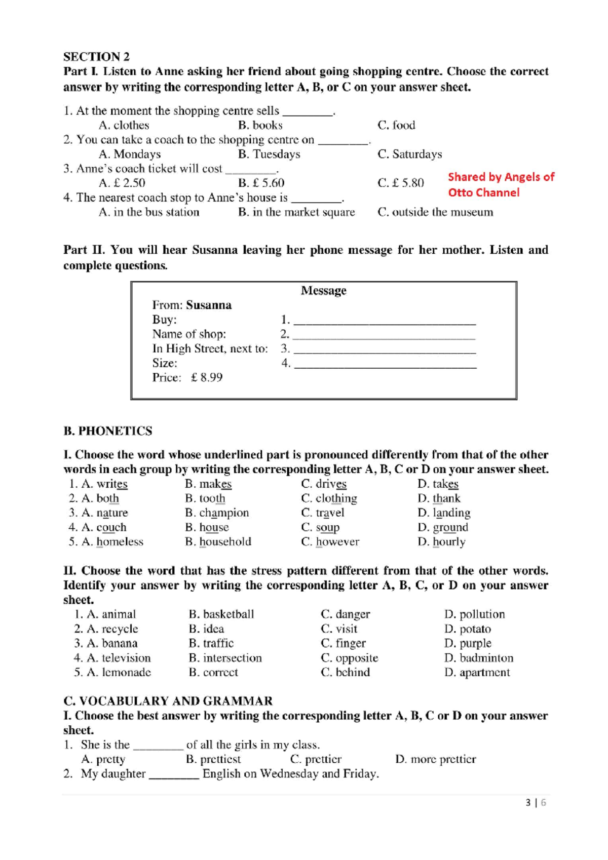 Olympic Exam Paper for Grade 6: Listening, Phonetics, Vocabulary ...