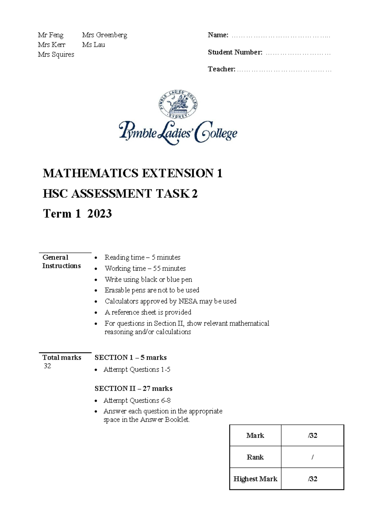 MATHEMATICS EXTENSION 1 HSC ASSESSMENT TASK 2 Term 1 2023 - Studocu