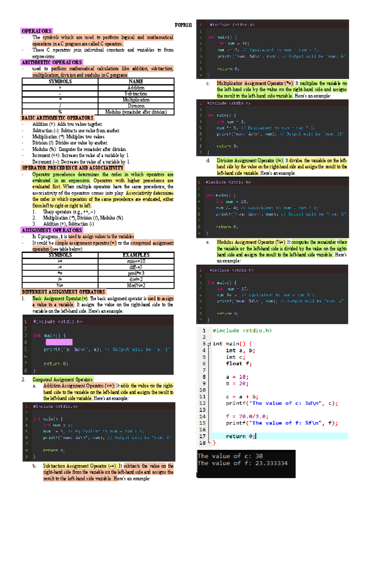 FOPR111 - C Programming Operators Overview and Examples - Studocu