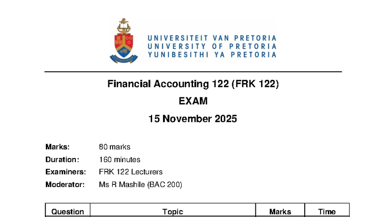 FRK 122 - Financial Accounting Final Exam Guide (15 Nov 2025) - Studocu