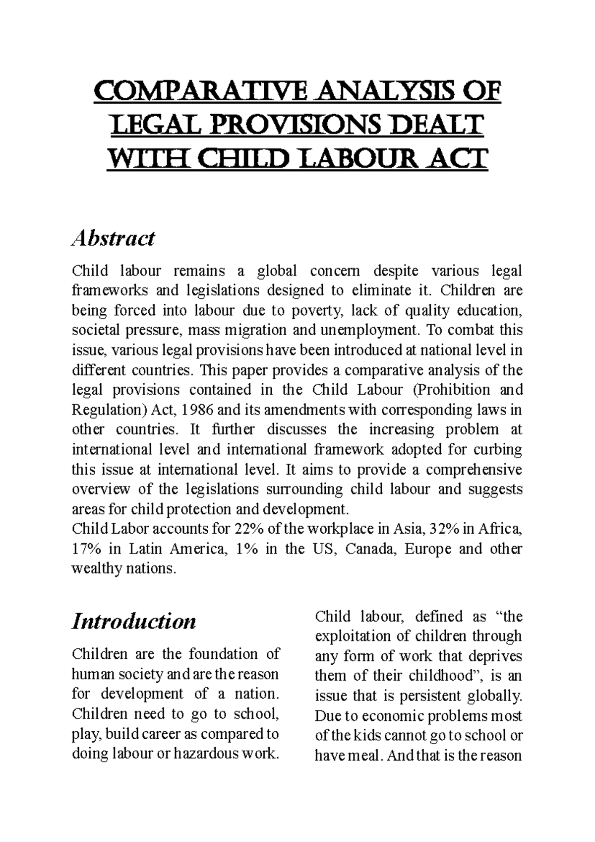 Comparative Analysis of Child Labour Laws: A Global Perspective (Riya ...