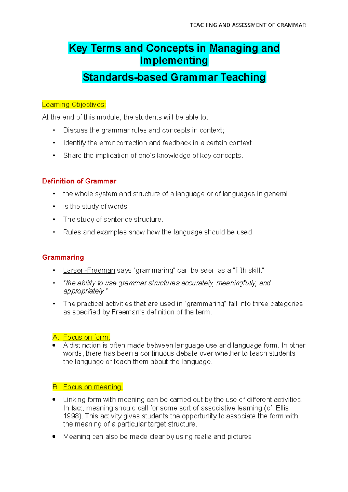 Key Concepts in Grammar Teaching & Assessment (ENG 101) - Studocu
