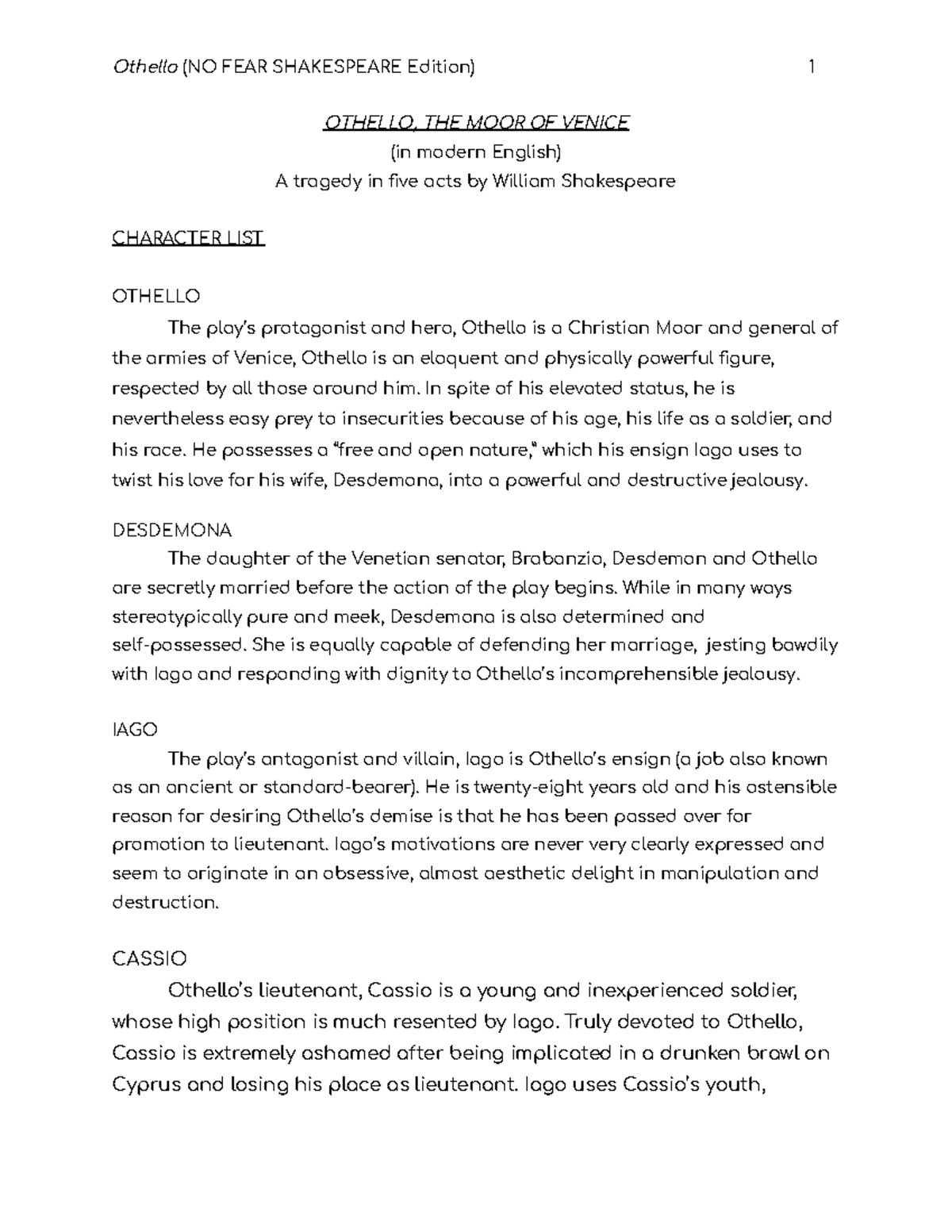 Othello (NO FEAR SHAKESPEARE) Character Analysis and Summary Notes ...