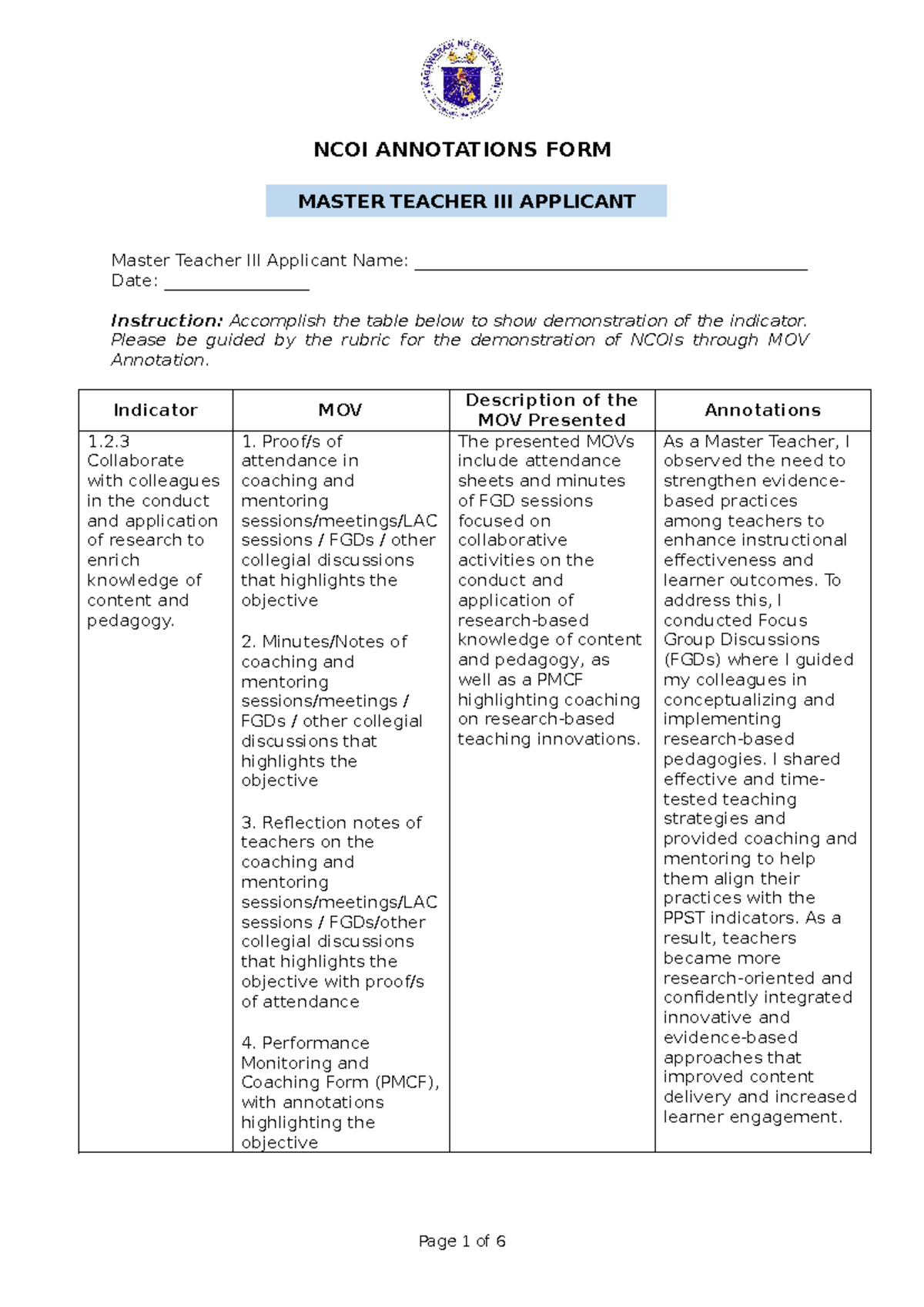 NCOI Annotations Form for Master Teacher III Applicant Evaluation - Studocu