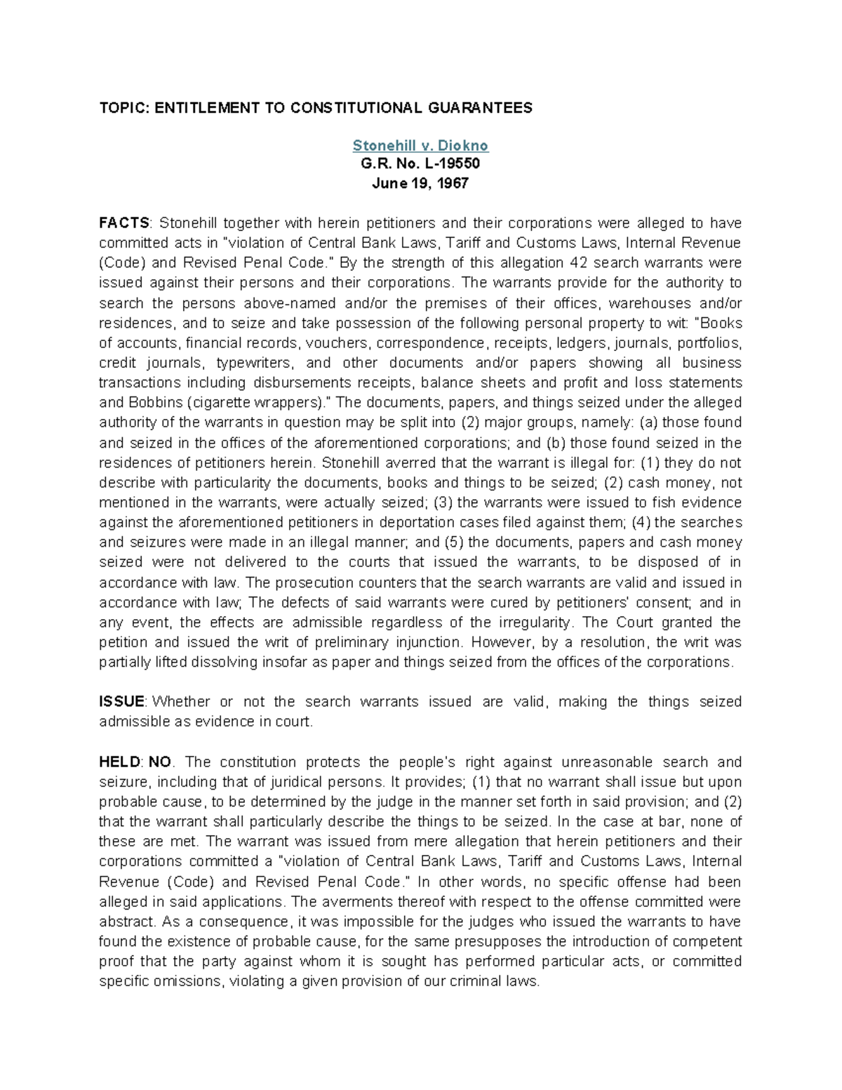 Stonehill v. Diokno G.R. No. 1967 - Constitutional Guarantees Digest ...