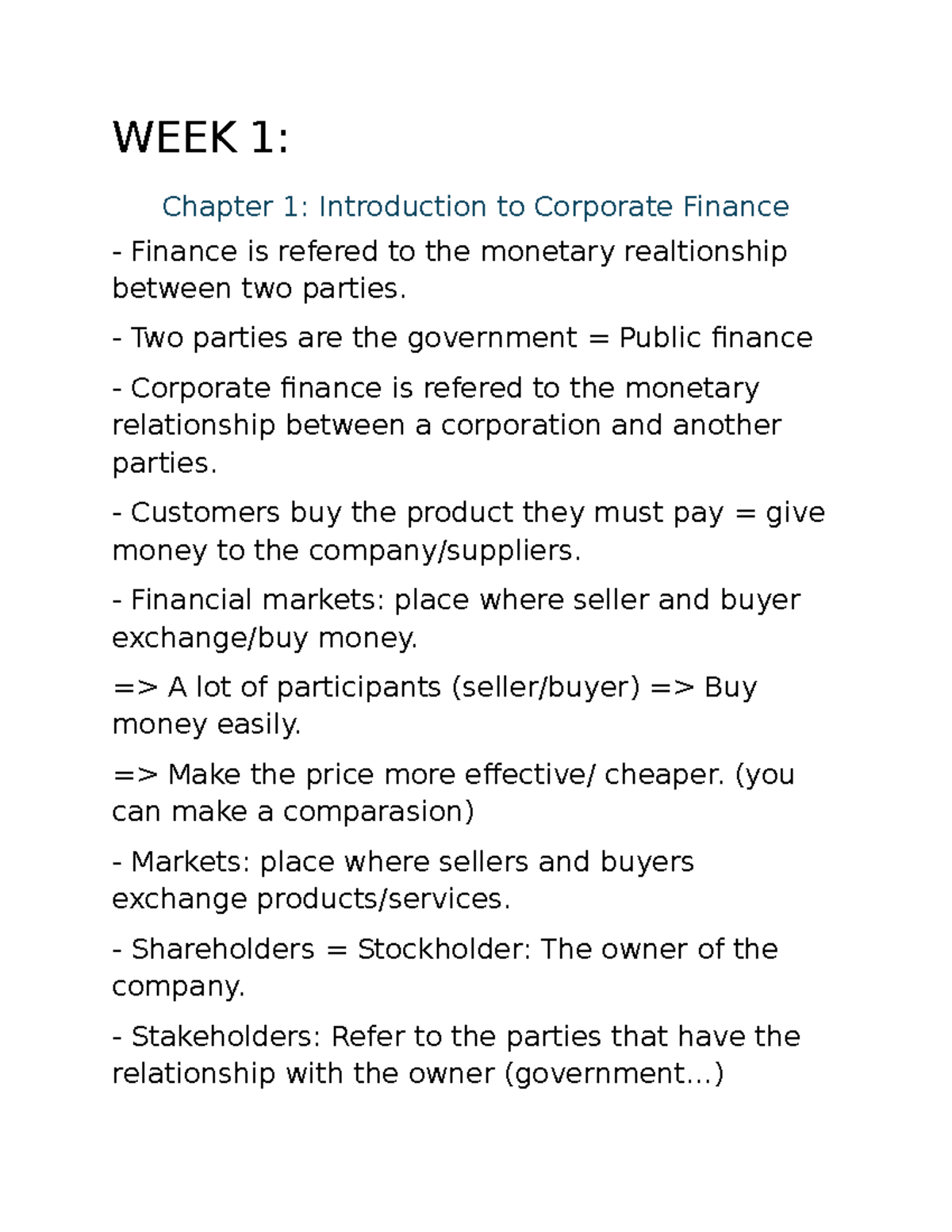 WEEK 1: Chapter 1 - Introduction to Corporate Finance Concepts - Studocu