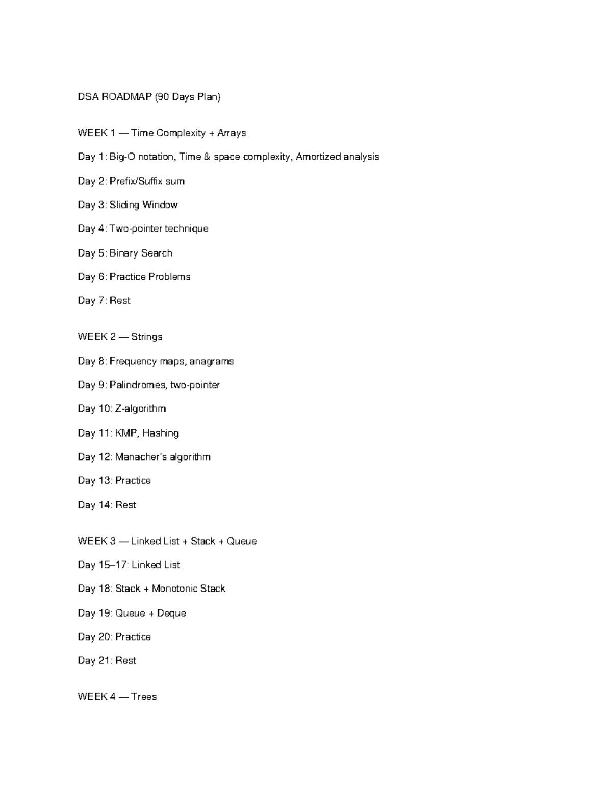DSA Roadmap (90 Days Plan) - Week 1 to Week 4 Overview - Studocu