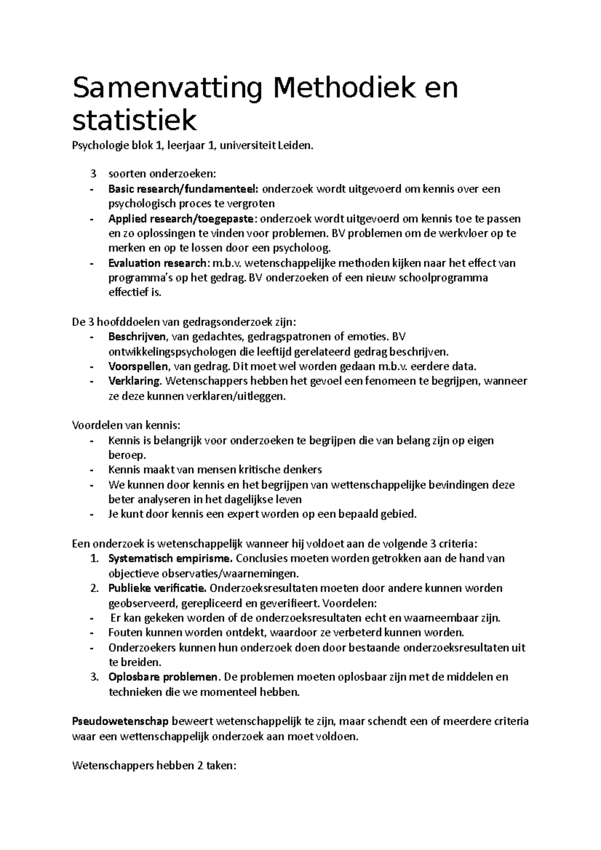 Samenvatting Methodiek en Statistiek voor Psychologie Blok 1 Jaar 1 ...
