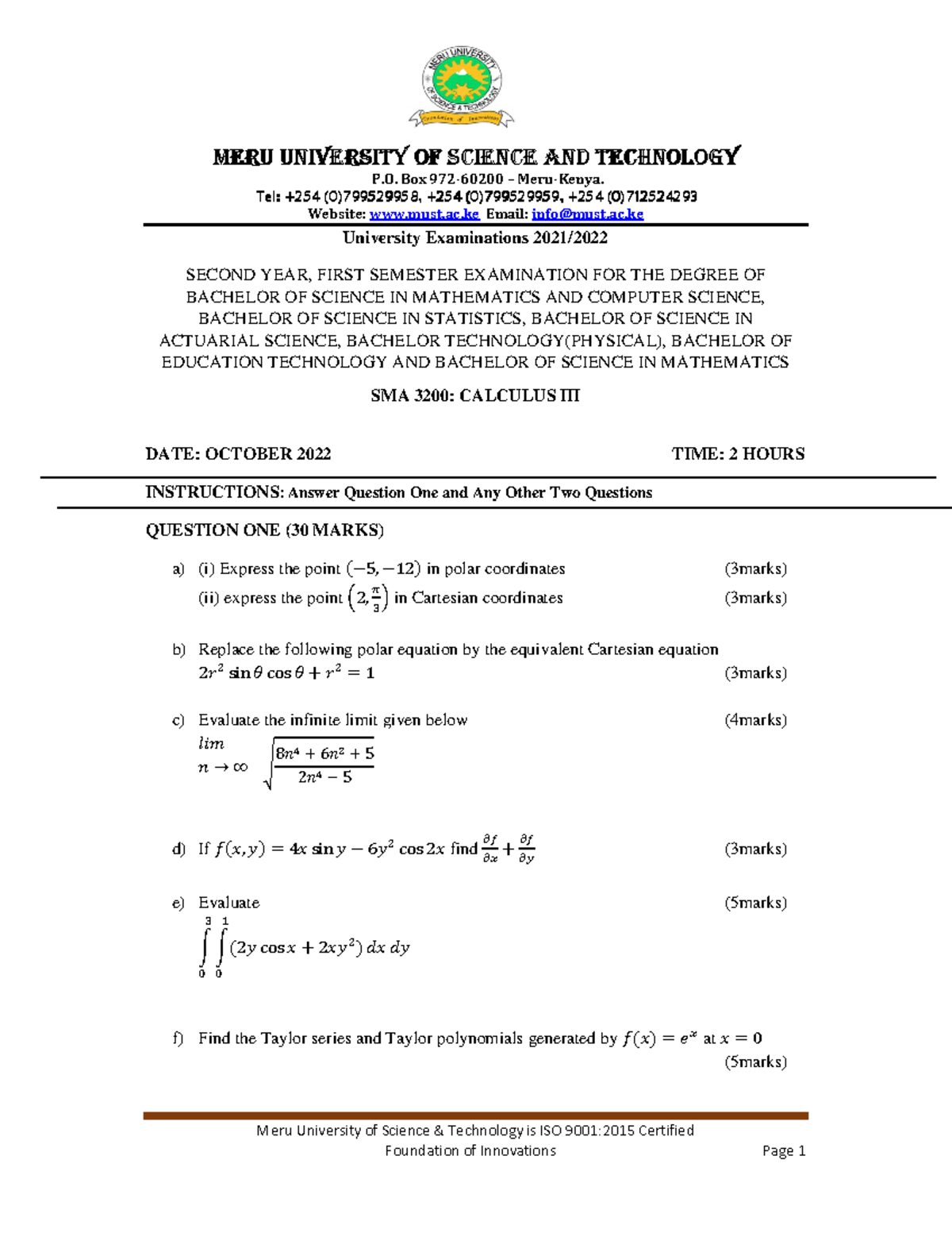 SMA-3200: Calculus III Midterm Exam Questions and Solutions - Studocu