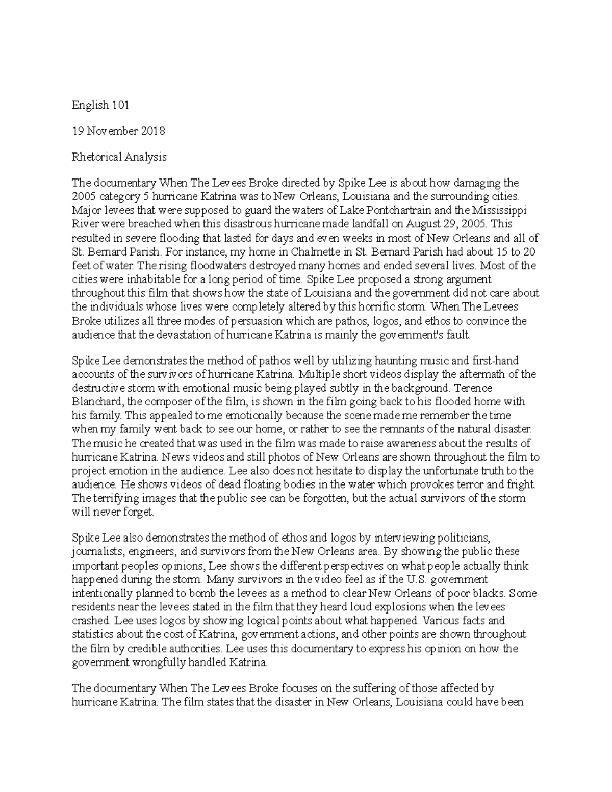Rhetorical Analysis of Spike Lee's *When The Levees Broke* (ENG 101 ...