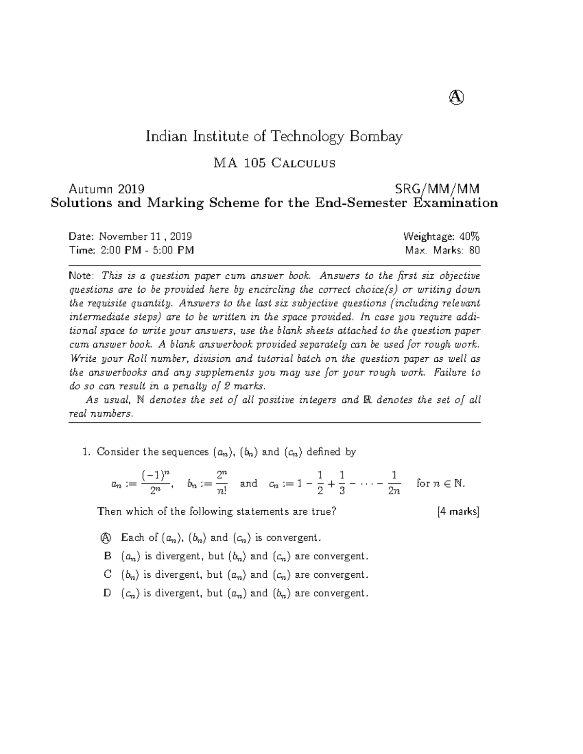 2019 Endsem Paper - A© Indian Institute of Technology Bombay MA 105 ...