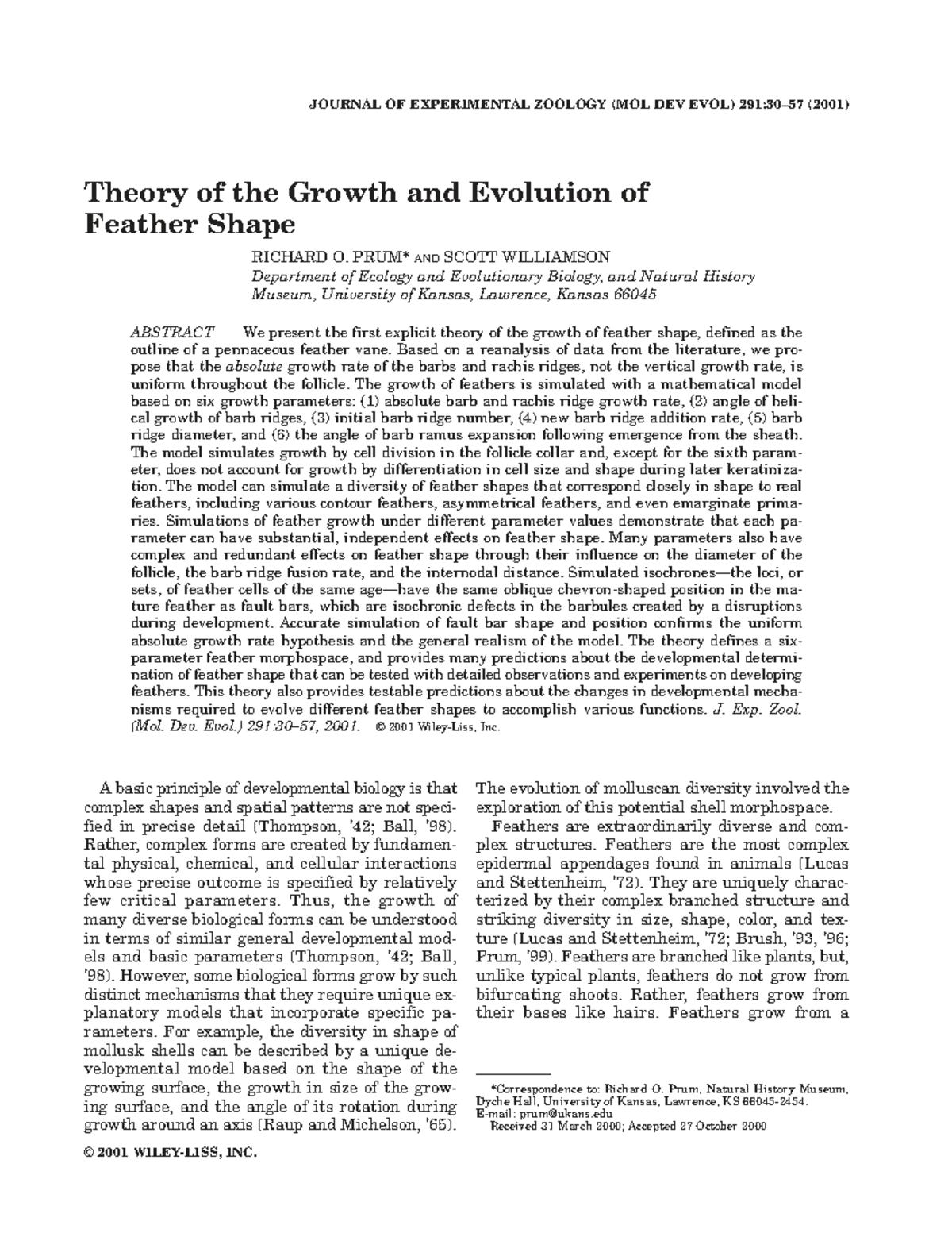 Theory of the Growth and Evolution of Feather Shape (ZOO 301) - Studocu