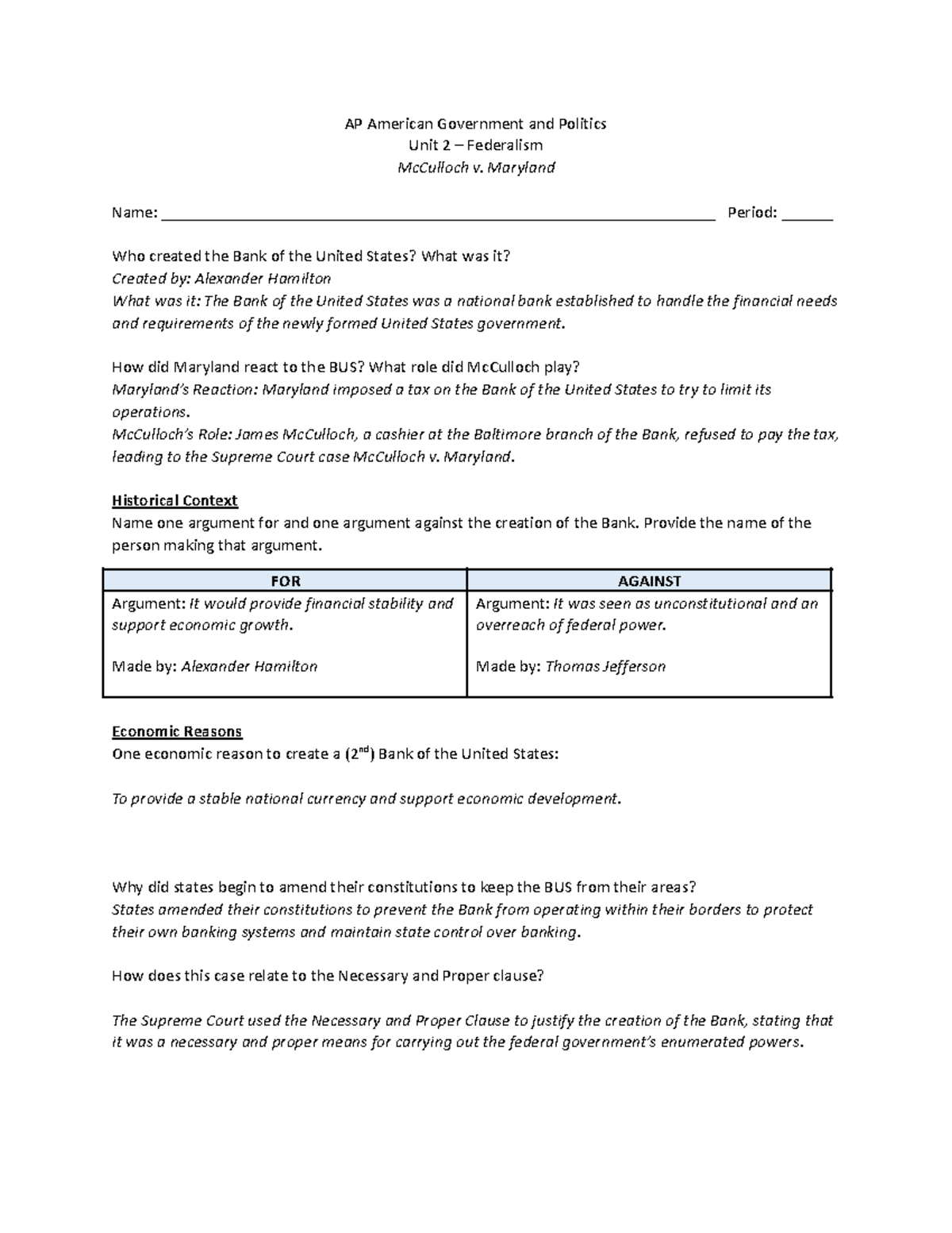 AP Gov & Politics: McCulloch v. Maryland Worksheet Analysis - Studocu