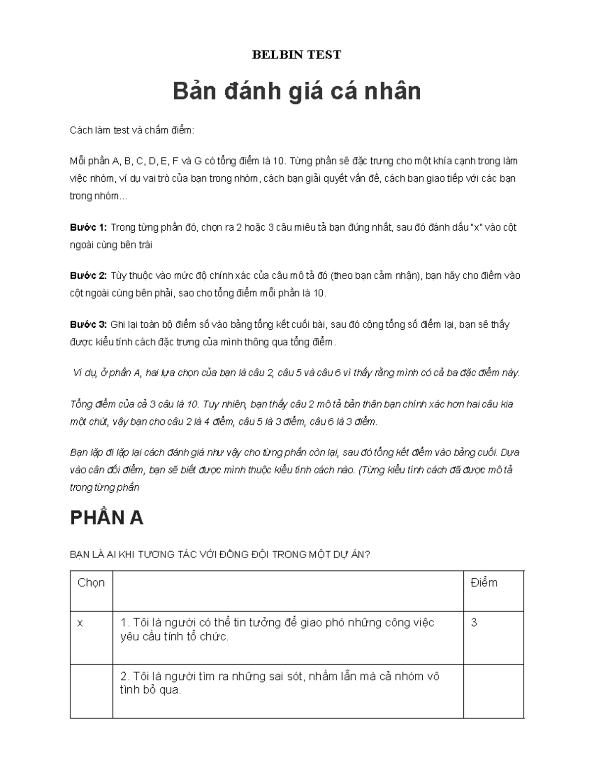 Belbin TEST - Hướng dẫn và Đánh giá Cá nhân - Studocu
