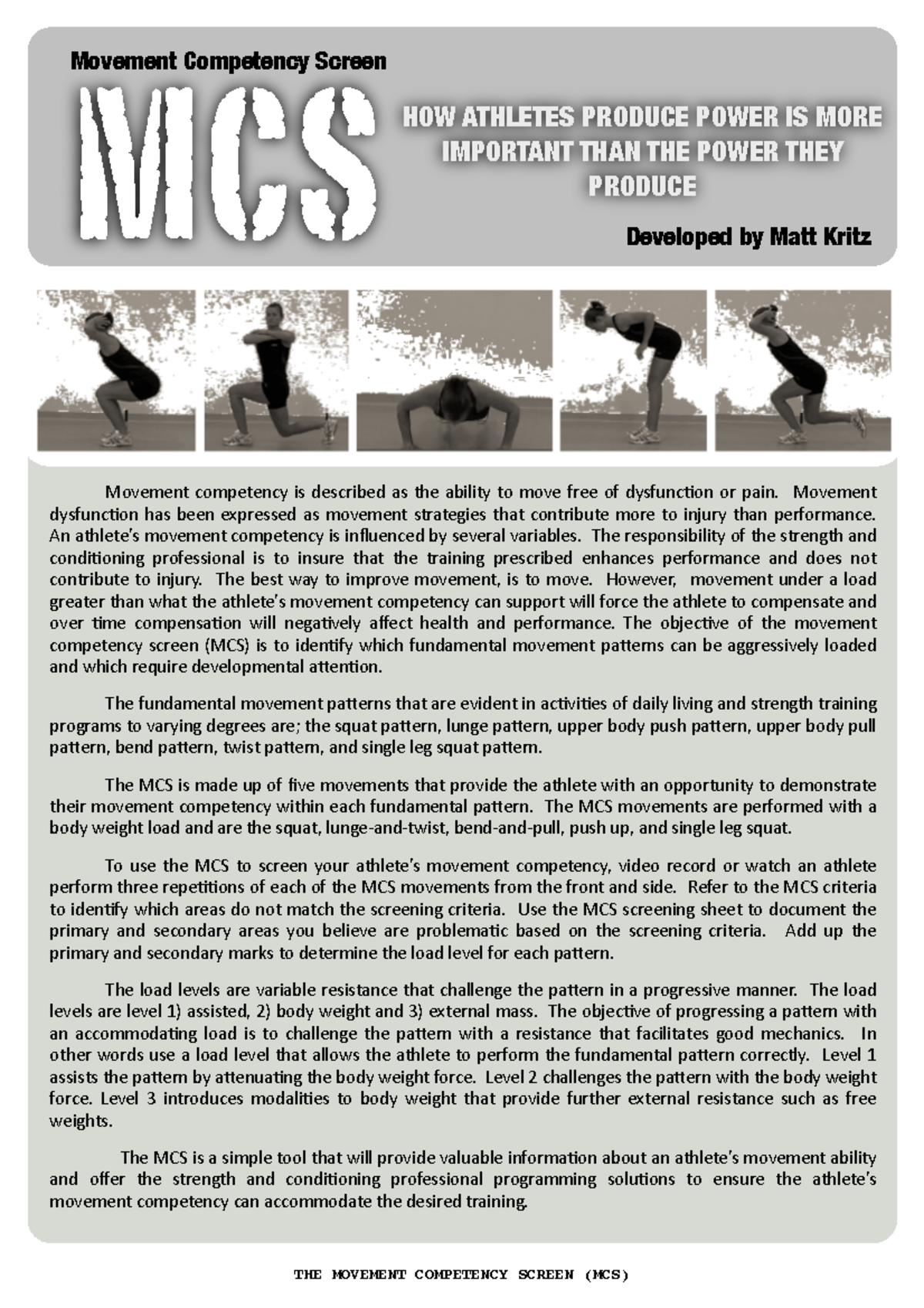 Movement Competency Screen (MCS) - 1st Year Training Guide - Studocu