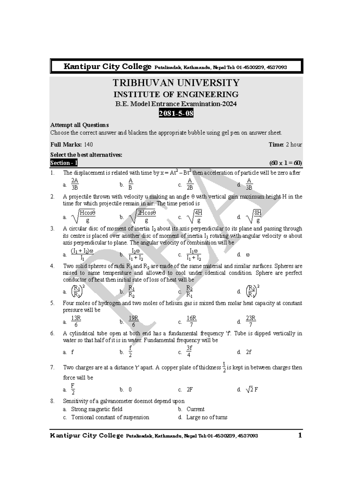 IOE Model Entrance Examination Sample Questions - 2081-5 - Studocu