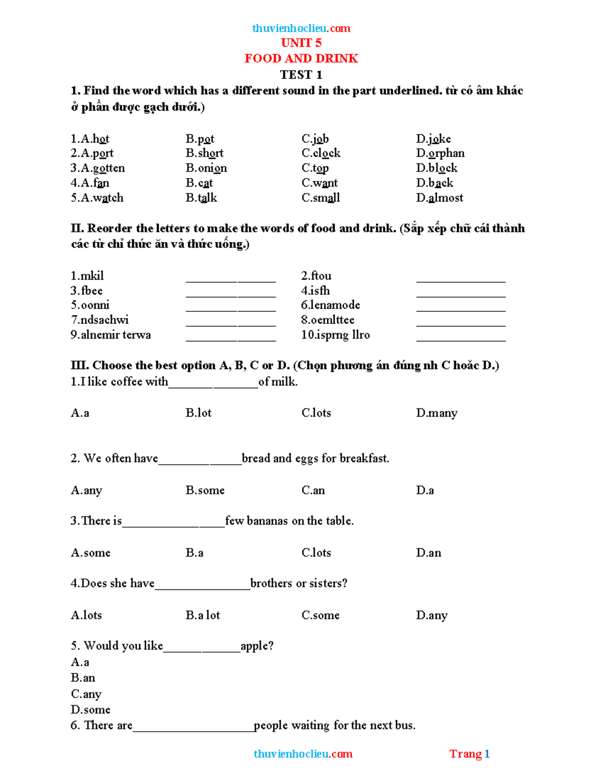 Thuvienhoclieu.com UNIT 5 FOOD AND DRINK TEST 1 & 2 - Studocu