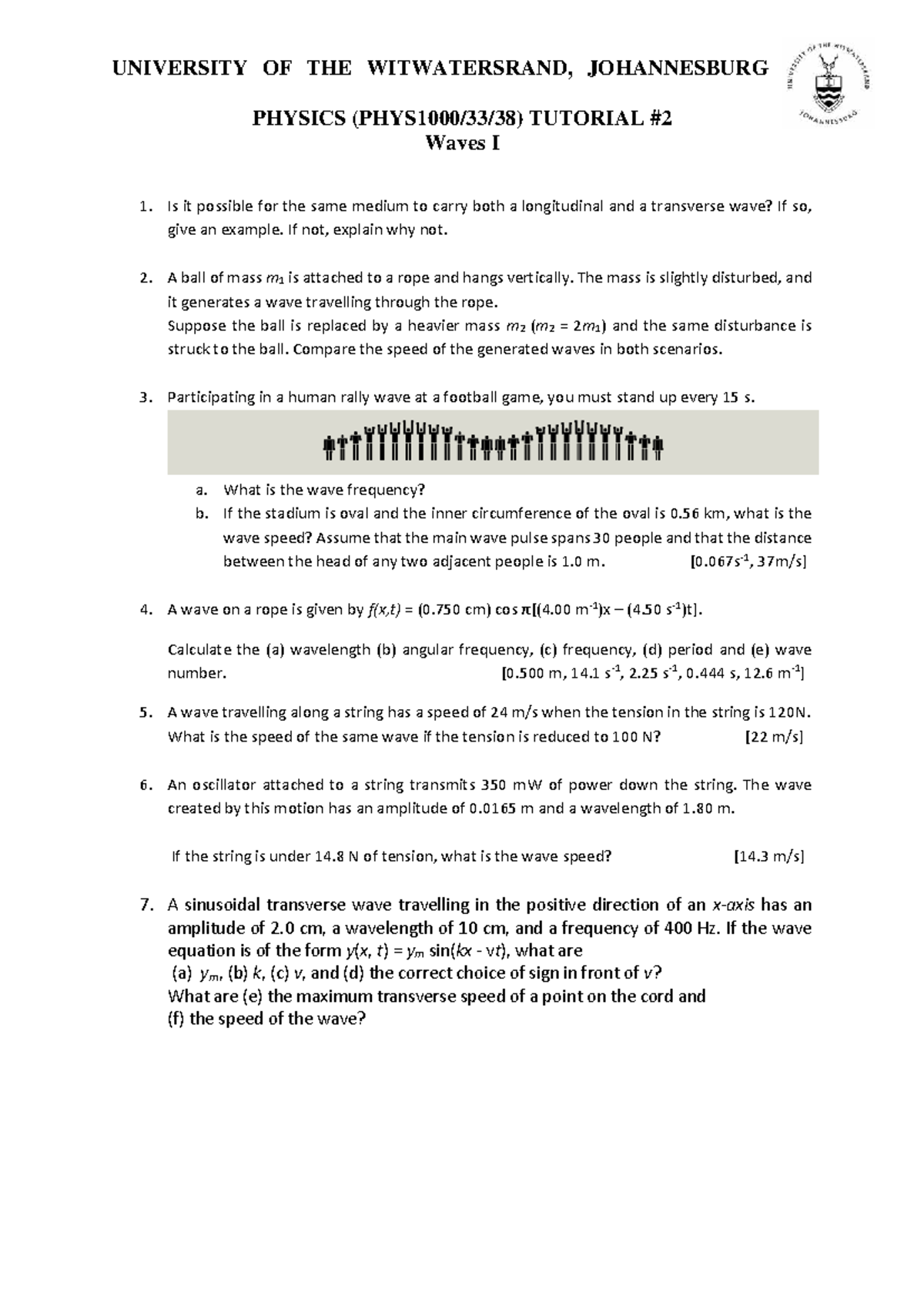 Physics 1B Tutorial: Waves I - Chapter 16 Exercises and Solutions - Studocu