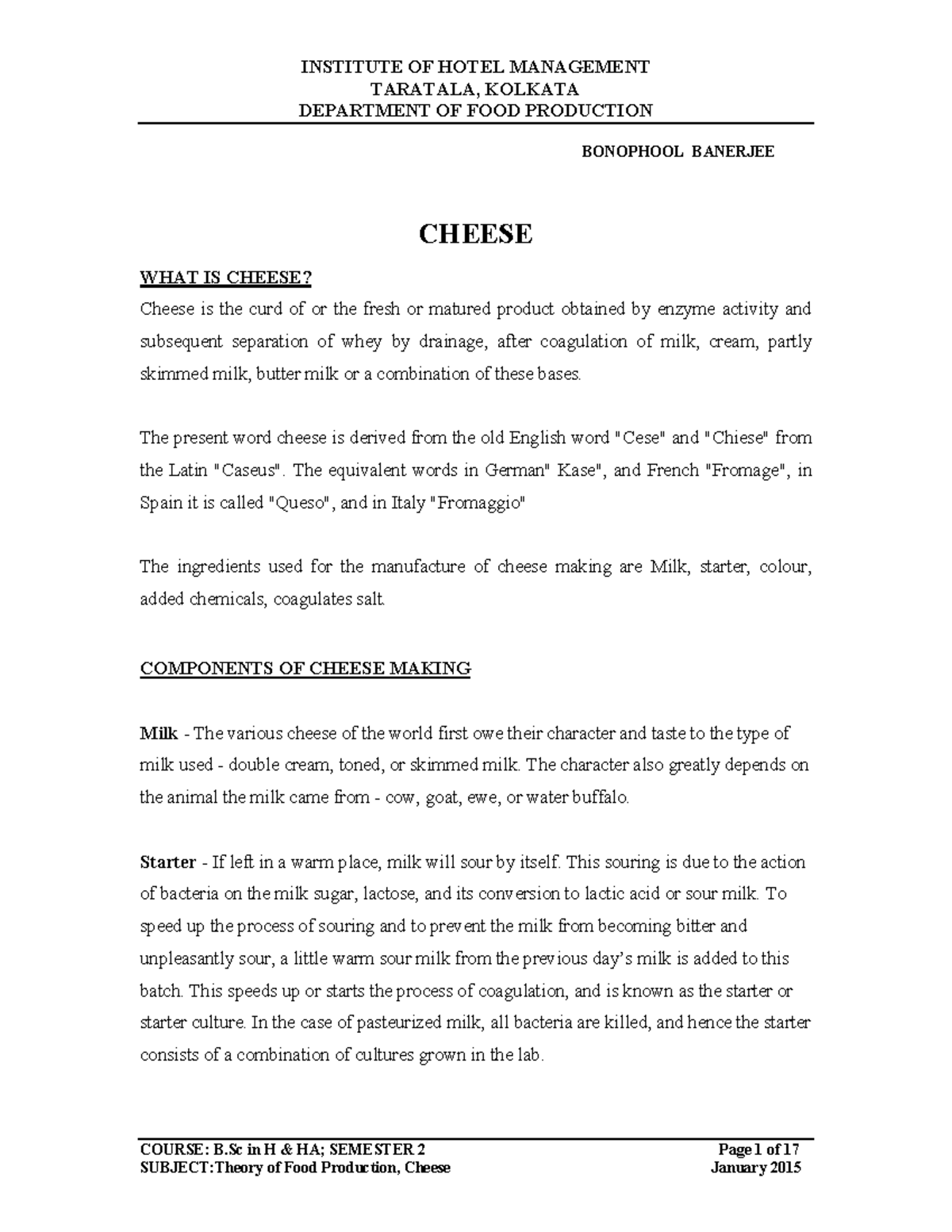 B in H & HA: Lesson on Cheese Production and Types in Culinary Arts ...