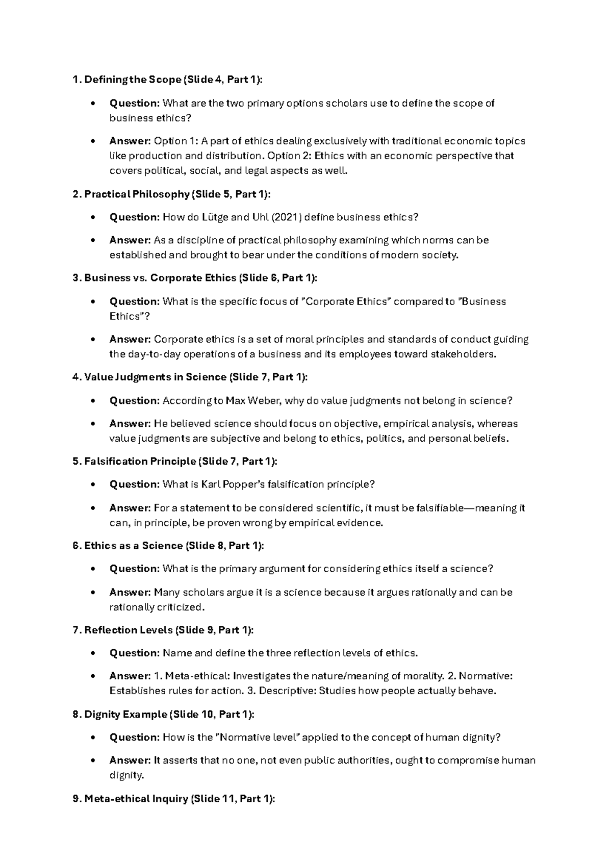 Question List for Business Ethics (Course Code: BE101) - Studocu