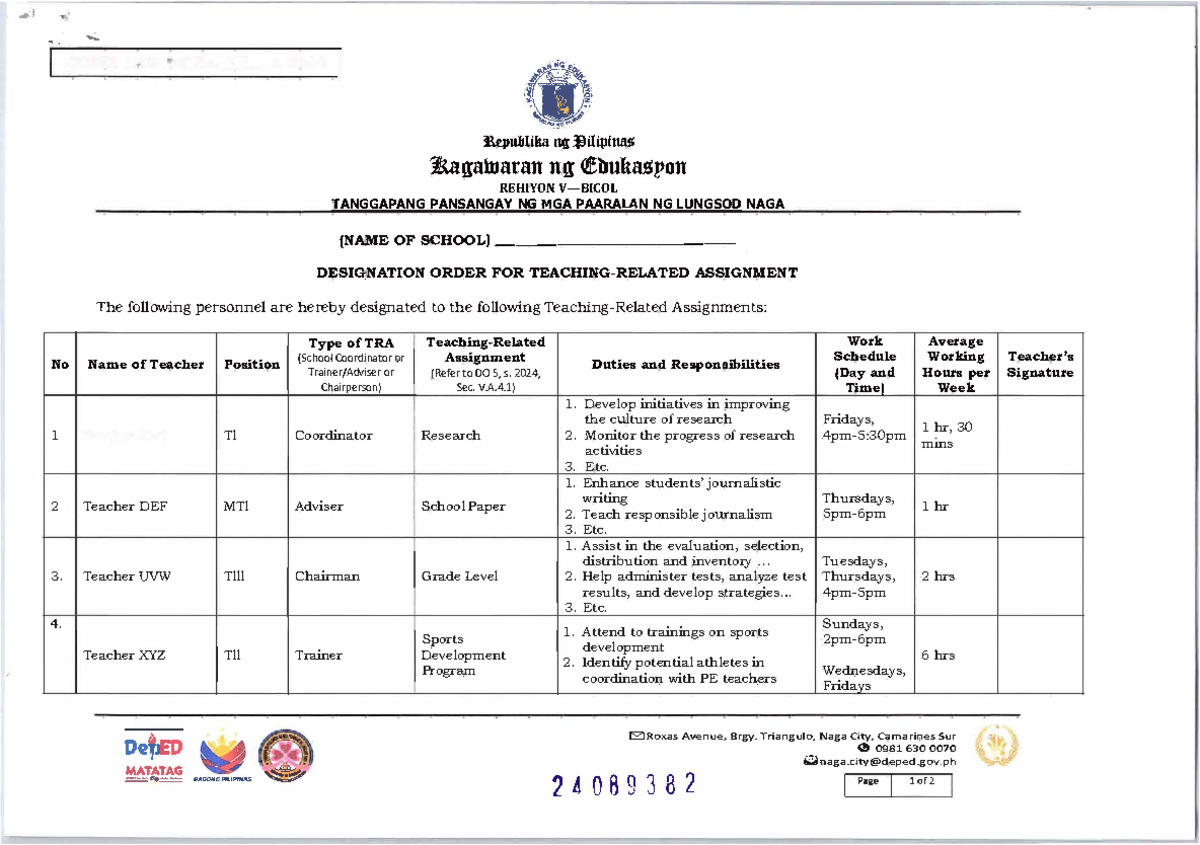 DM No. 216, s. 2024 Teaching-Related Assignment Designation Template ...