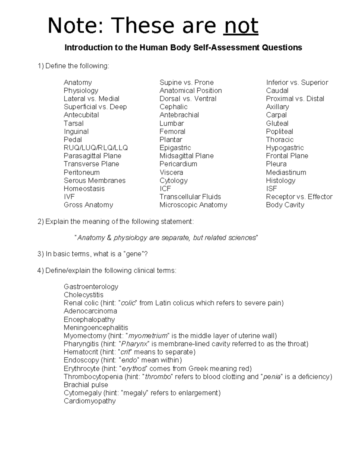 BIO 130 - Intro to Human Body Self-Assessment Questions - Introduction ...