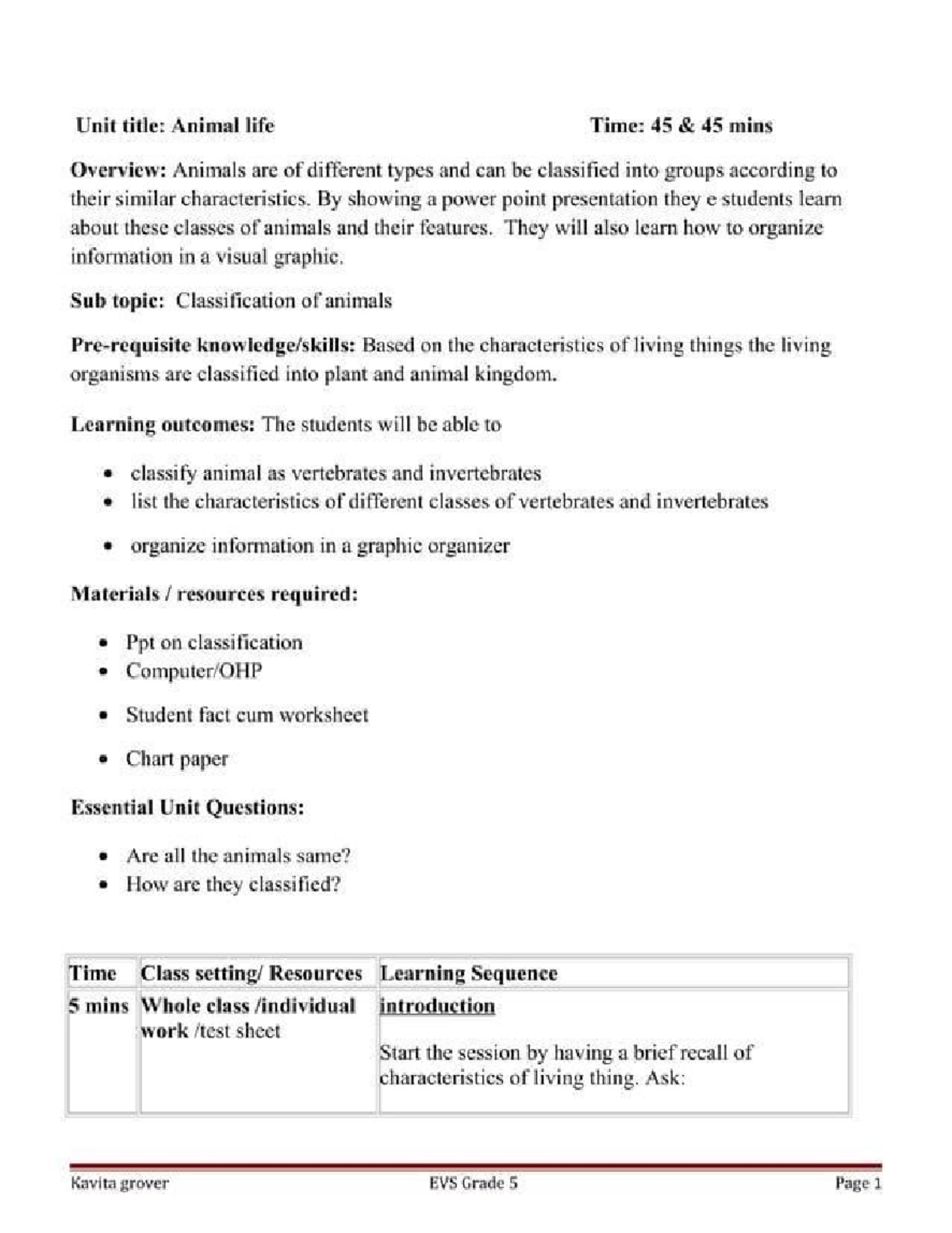 EVS Grade 5: Classification of Animals Lesson Plan - Studocu