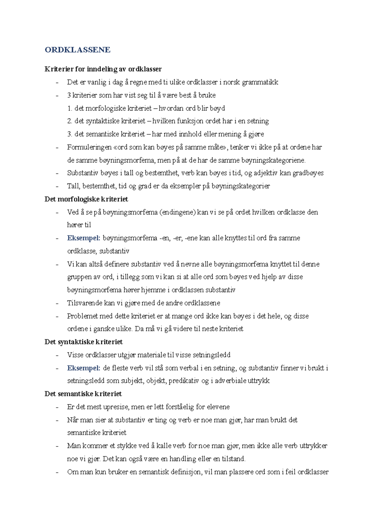 Ordklassene i Norsk Grammatikk: En Oversikt over 10 Kategorier - Studocu