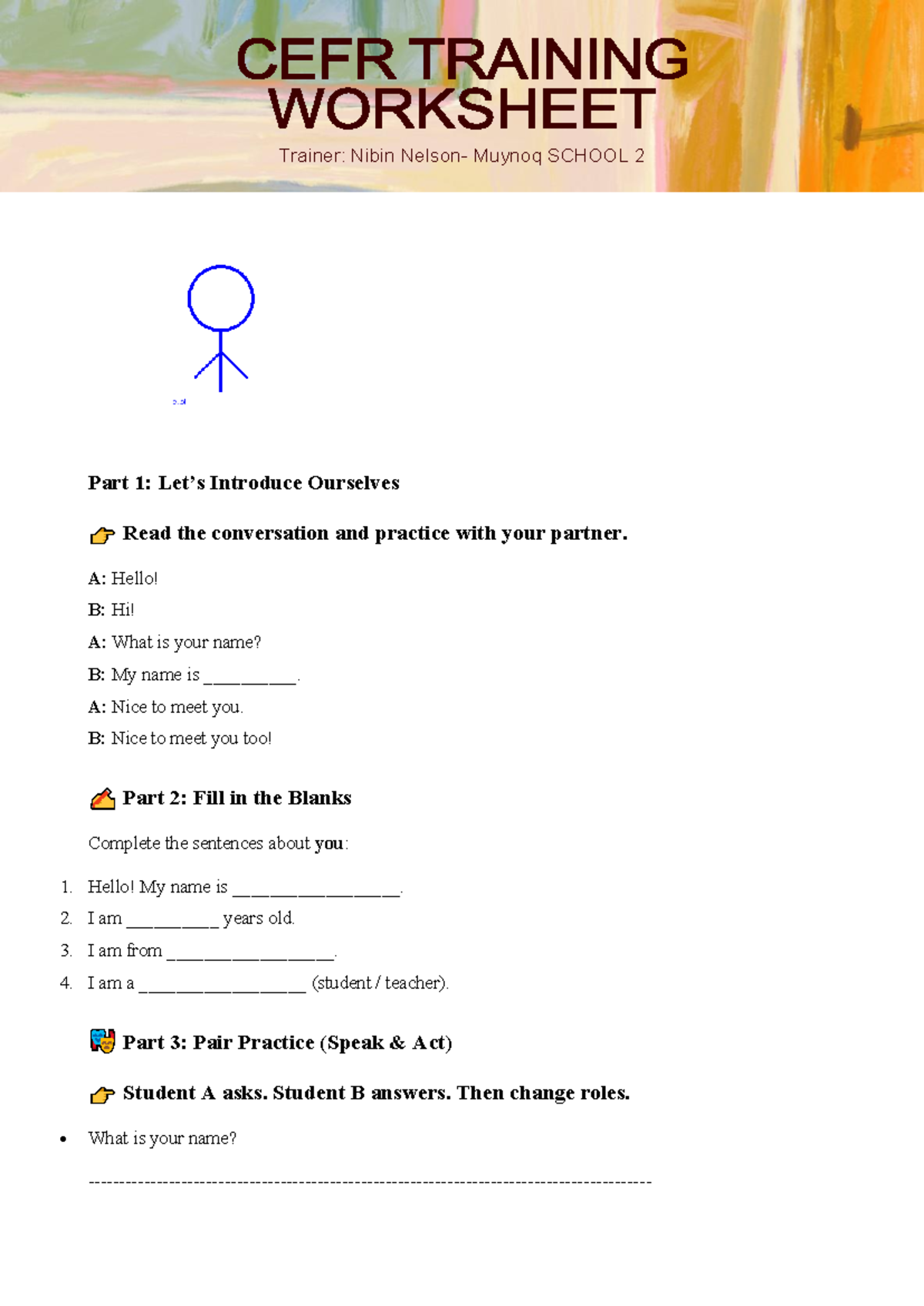 A1 Conversation Worksheet: Introduce Yourself Activities - Studocu