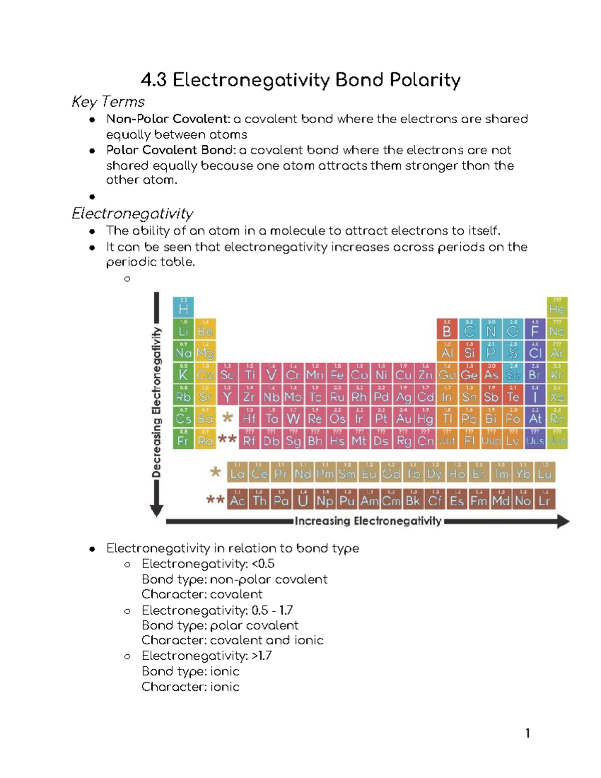 Day 3 Handout Electronegitivity Bond Polarity and Molecular polarity ...
