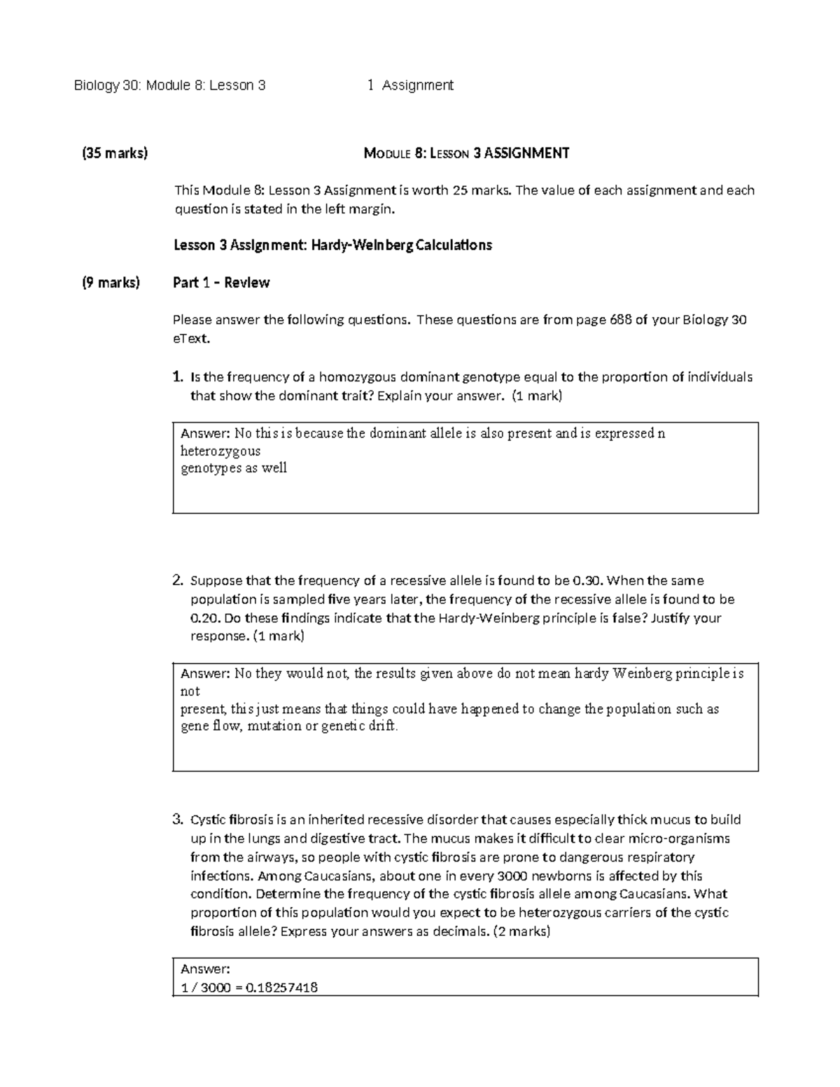 Biology 30: Module 8 Lesson 3 Assignment (35 Marks) - Studocu