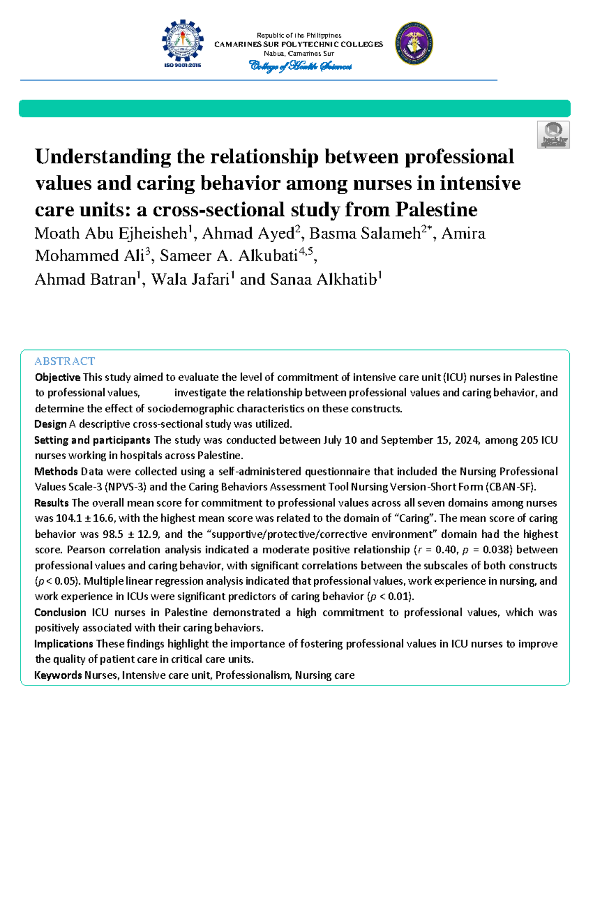 Understanding Professional Values and Caring Behavior Among ICU Nurses ...