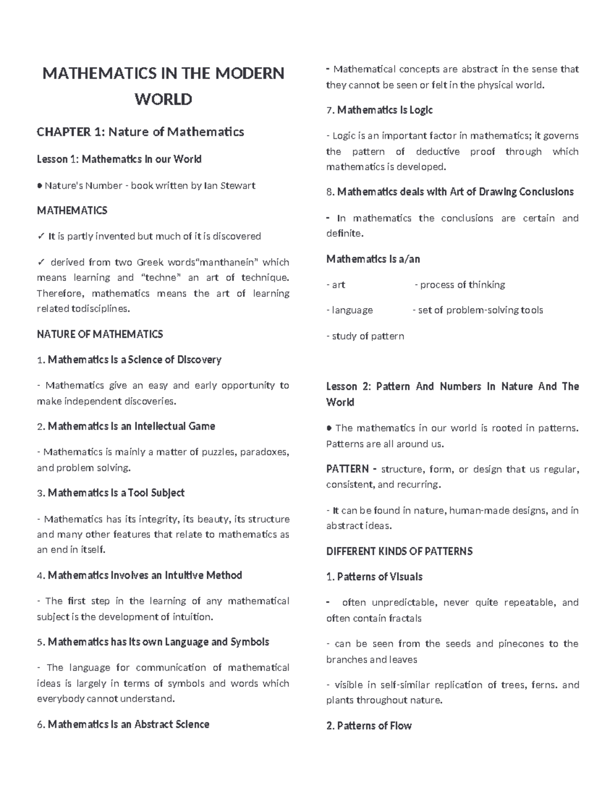 MATHEMATICS IN THE MODERN WORLD (MMW) CHAPTER 1: Nature of Mathematics - Studocu