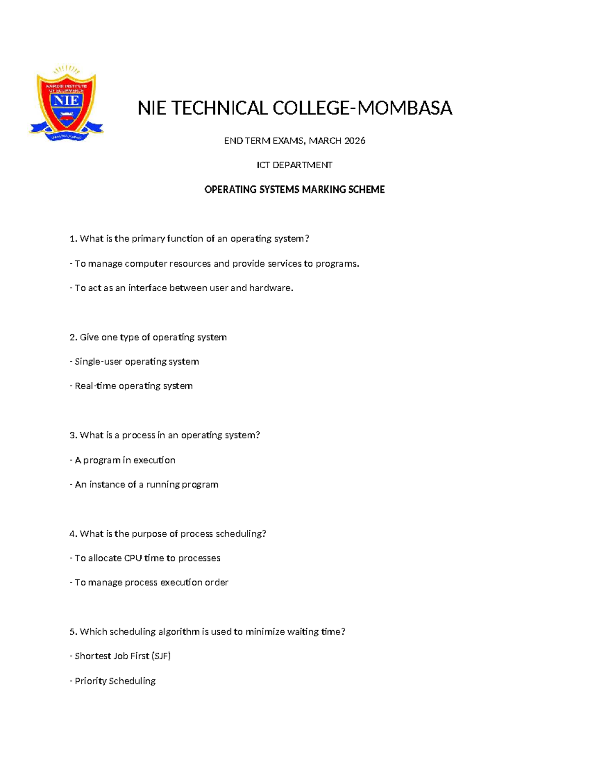 NIE ICT 2026 End Term Exam: Operating Systems Marking Scheme - Studocu