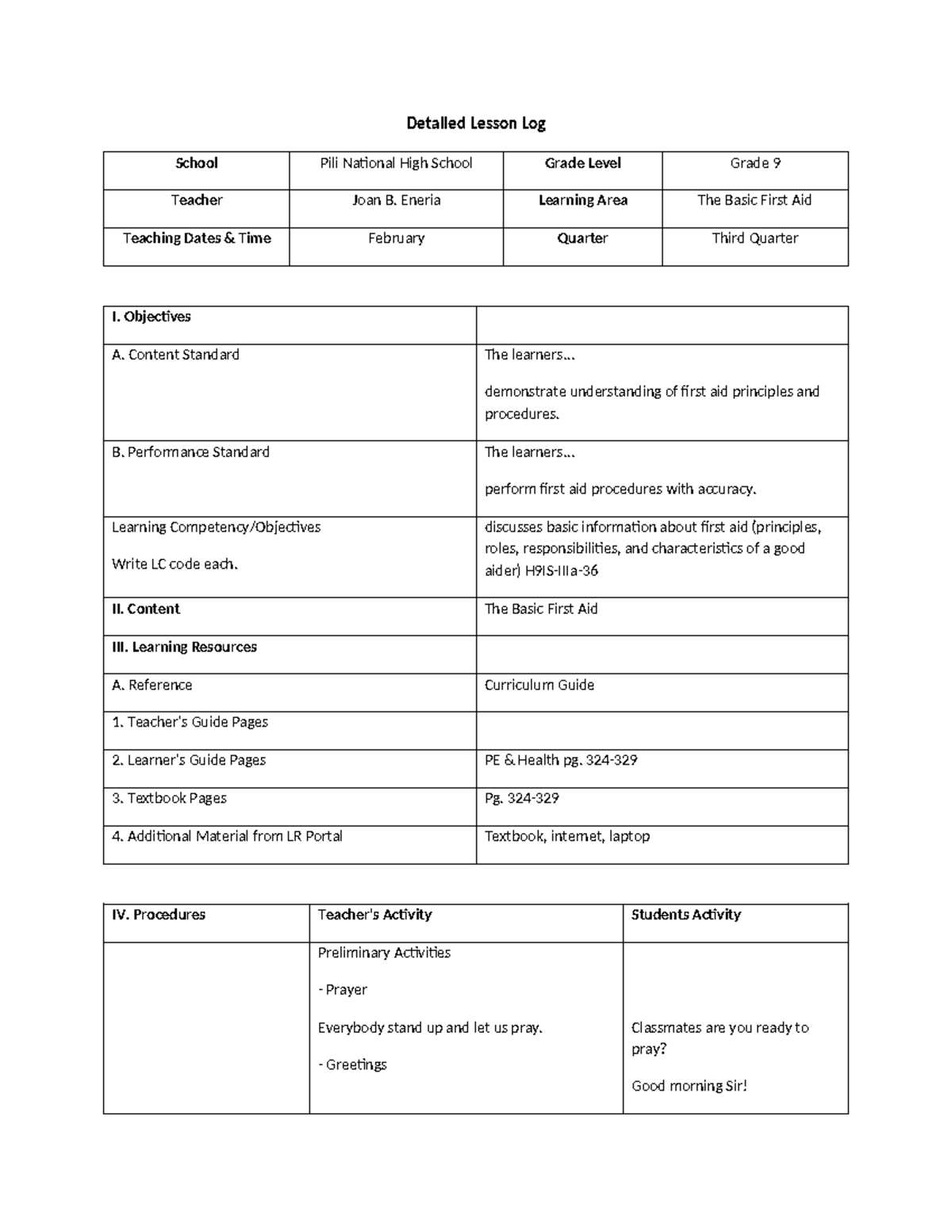 PNHS Grade 9 DLL: The Basic First Aid Lesson Plan - Studocu
