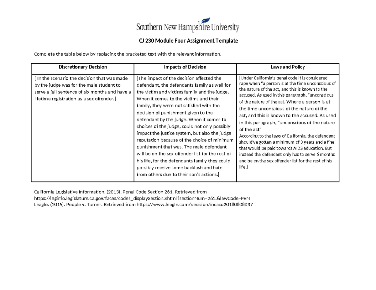 CJ 230 Discretionary Decision Impacts Assignment - Module Four Template ...