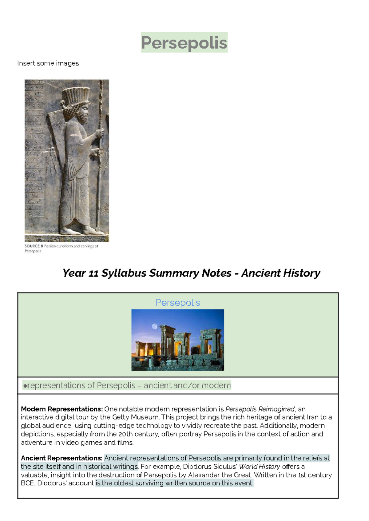Year 11 Ancient History: Summary Notes on Persepolis Case Study - Studocu