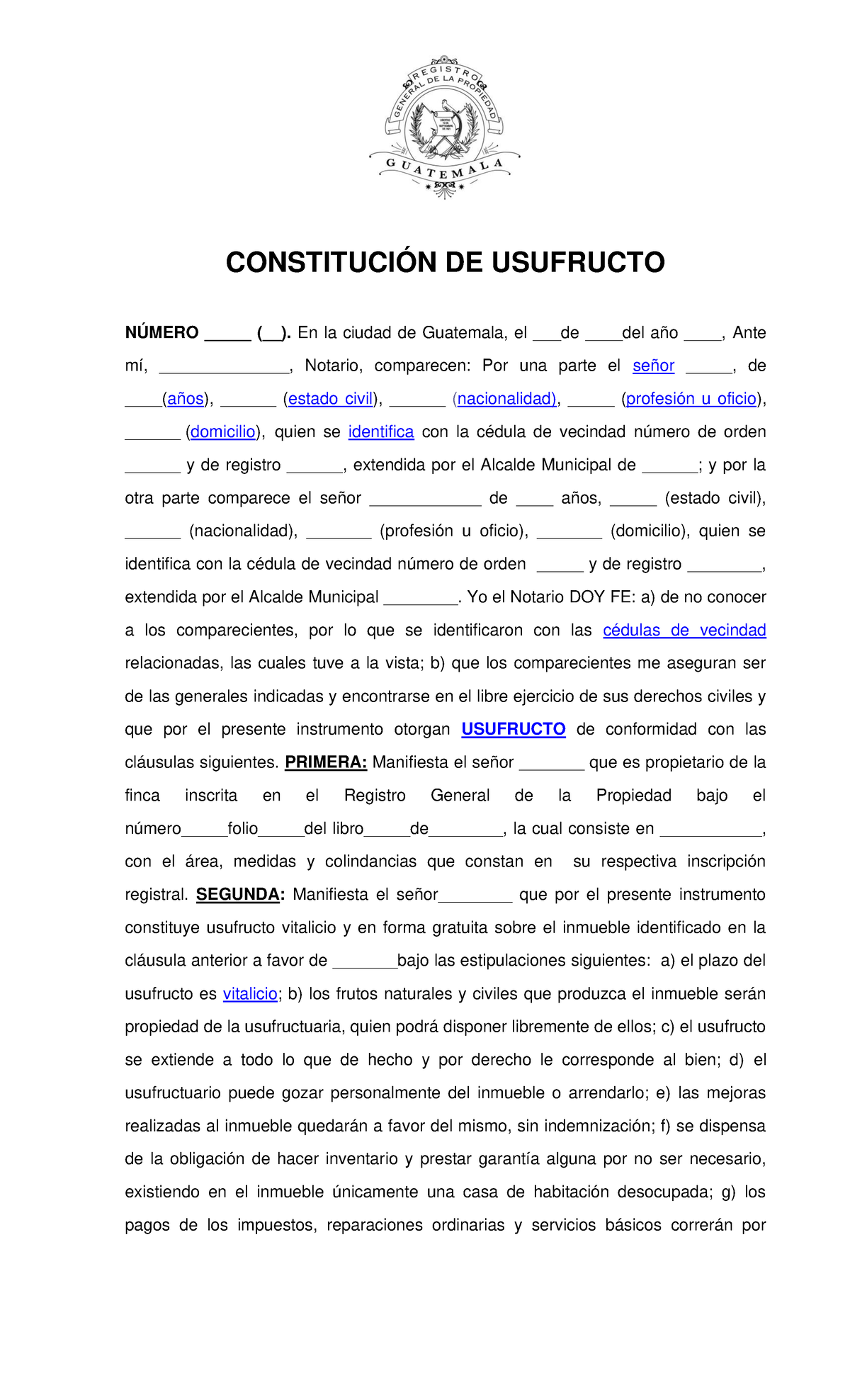 Constitución de Usufructo N° (__): Guía Notarial y Legal - Studocu