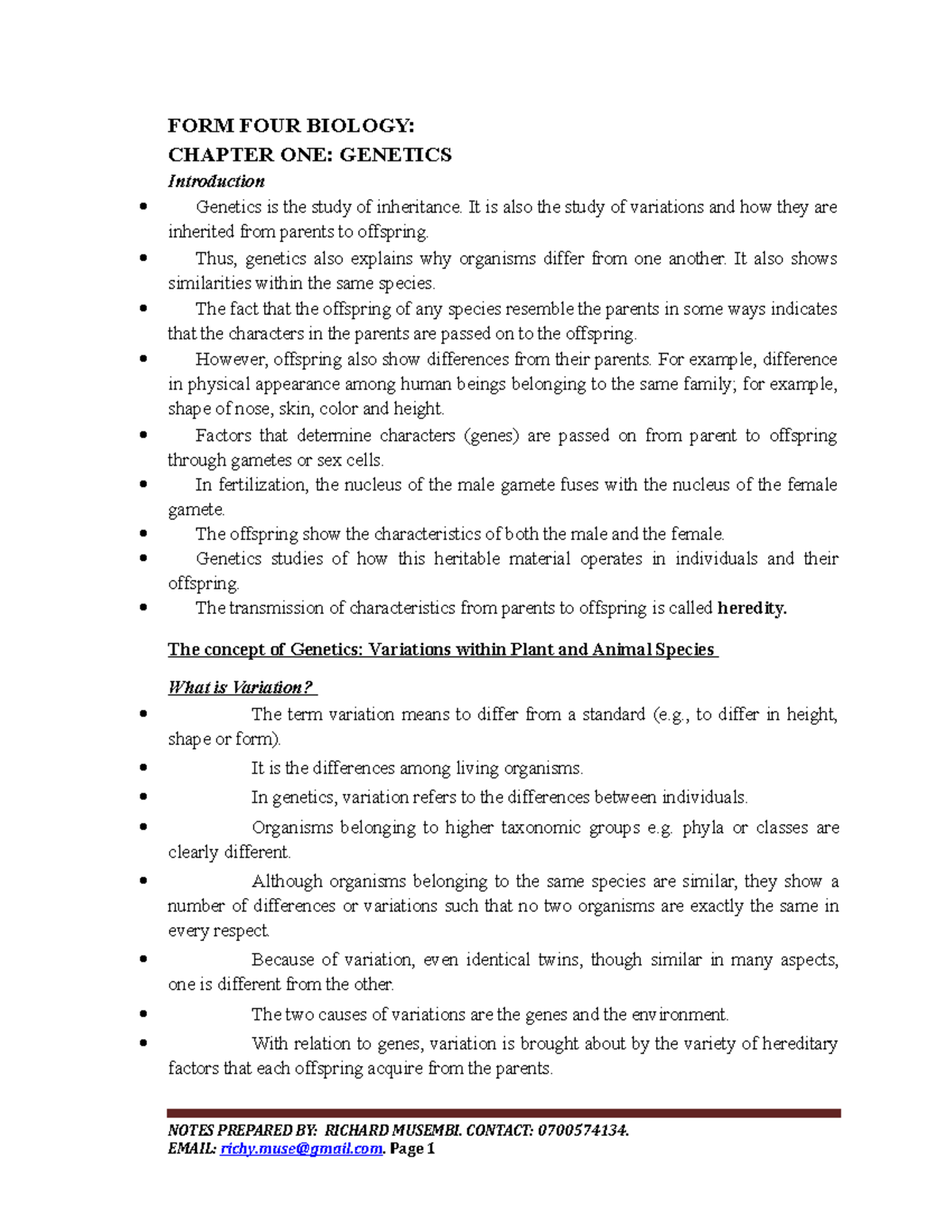 FORM FOUR Biology Genetics - FORM FOUR BIOLOGY: CHAPTER ONE: GENETICS ...