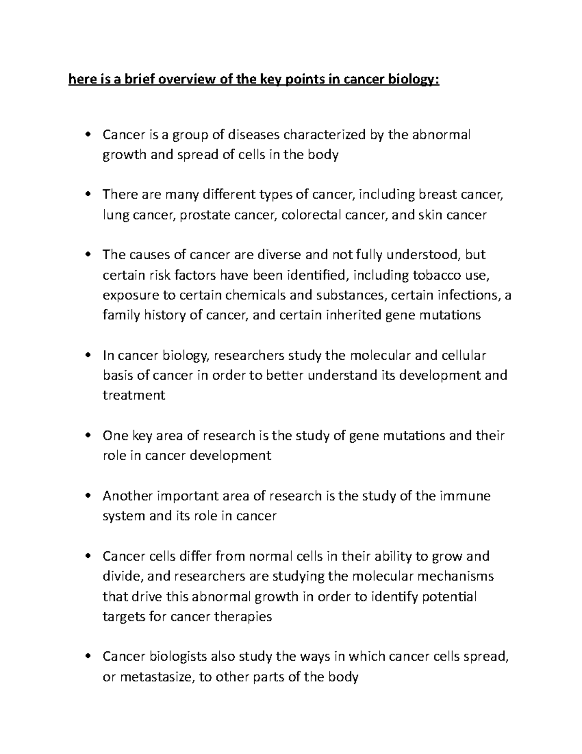 Cancer Biology Overview: Key Concepts & Research Insights - Studocu