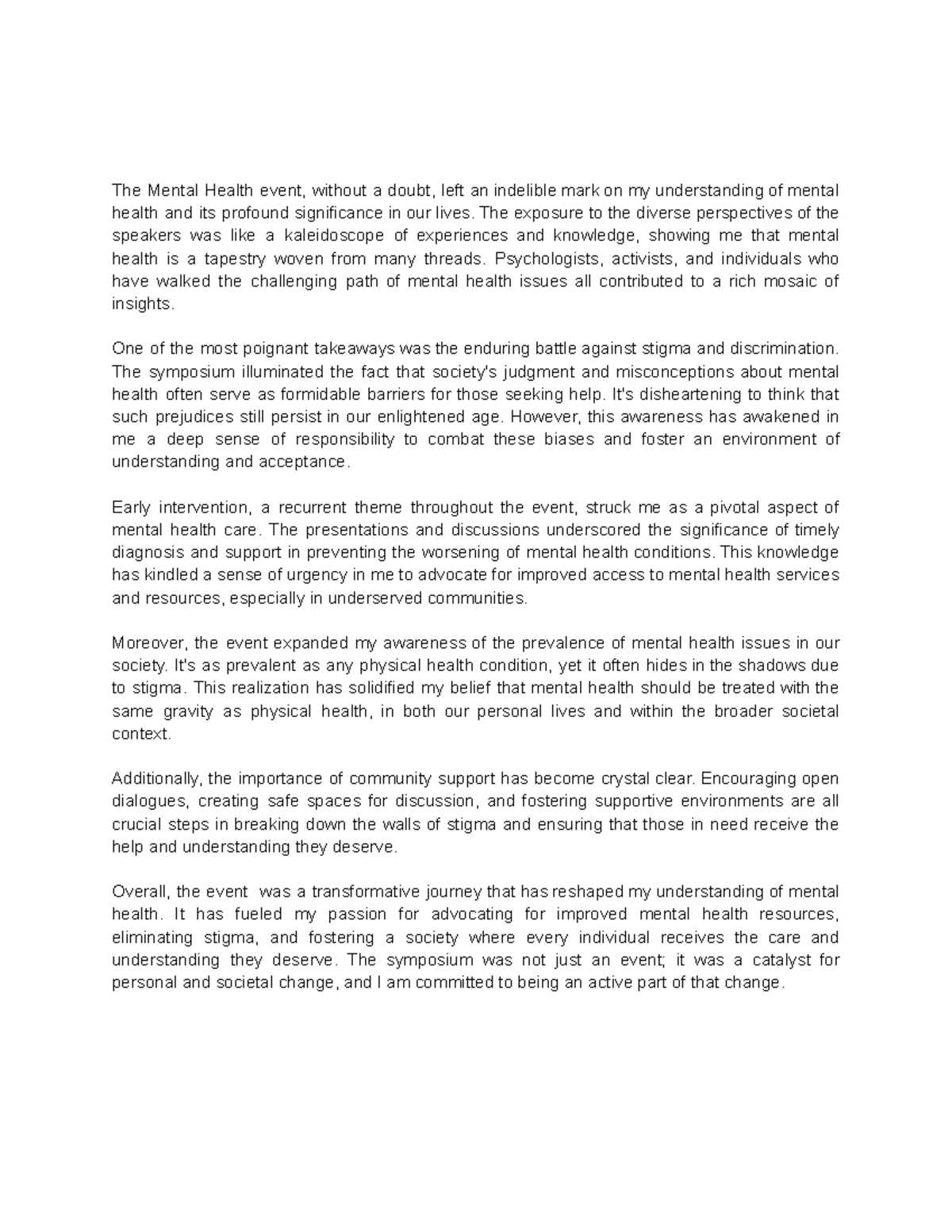Reflection Paper about mental health - The Mental Health event, without ...