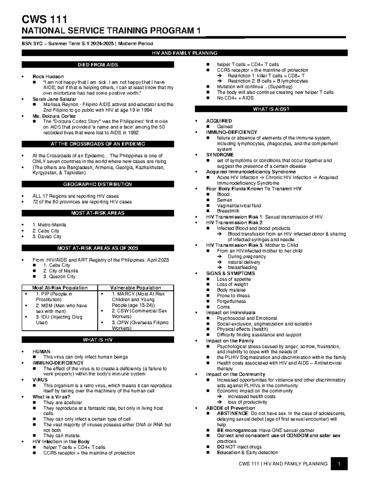 CWS 3YC Midterm: HIV Awareness & Family Planning Insights - Studocu