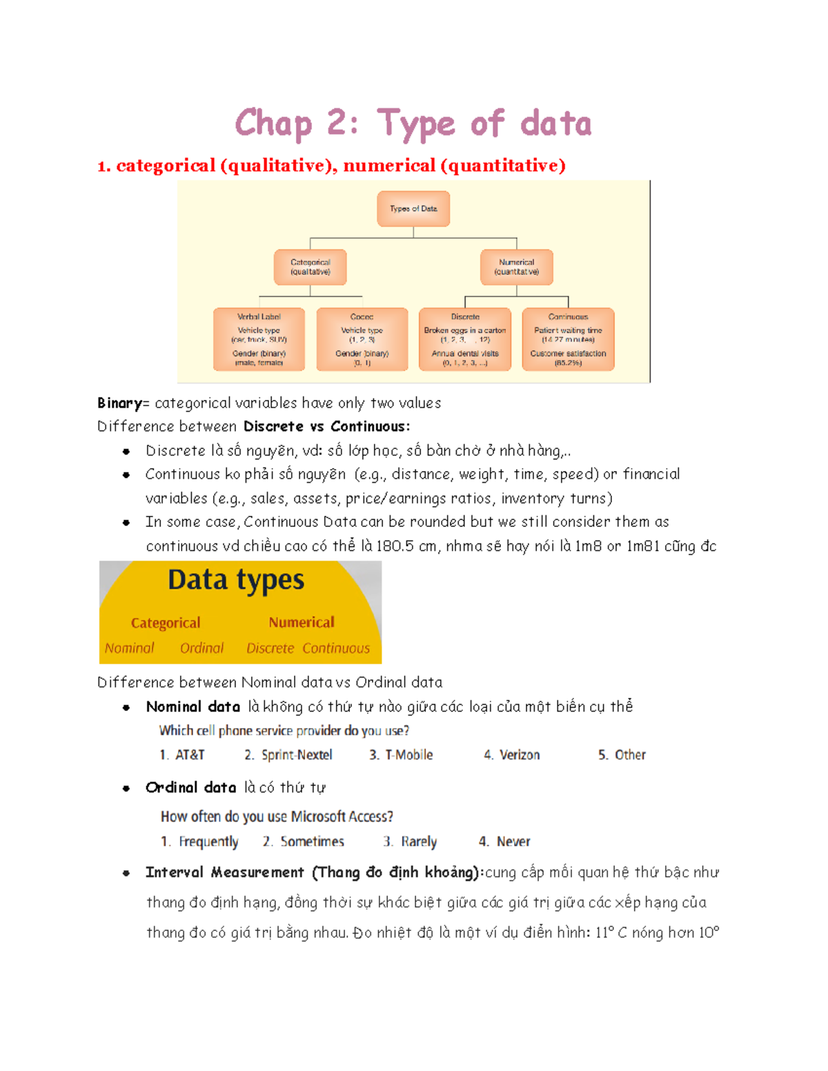 SB notes - note - Chap 2: Type of data 1. categorical (qualitative ...