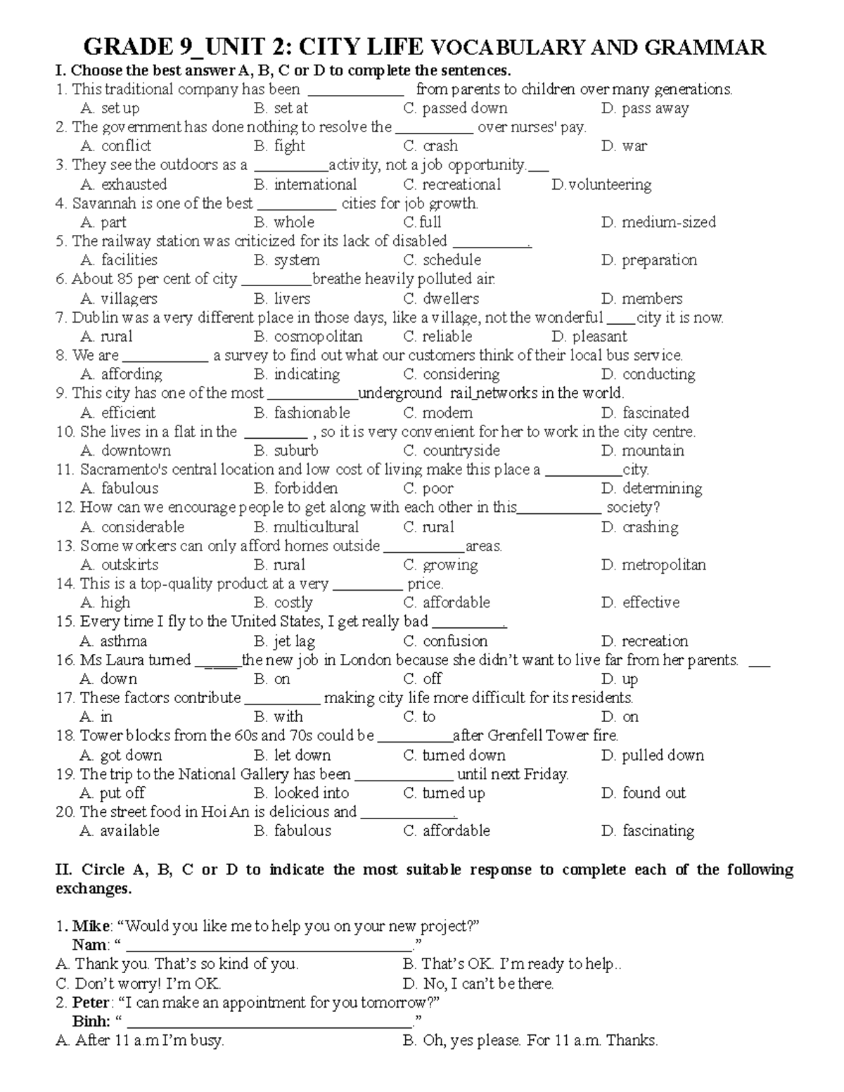 GRADE 9_UNIT 2: CITY LIFE VOCAB & GRAMMAR WORKSHEET - Studocu