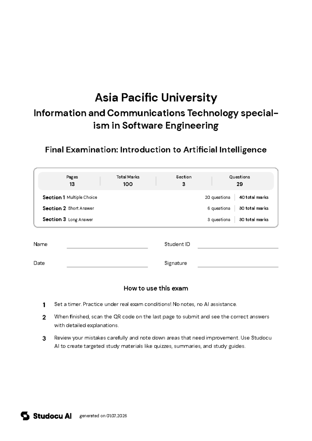 Final Exam: Introduction to Artificial Intelligence - Studocu