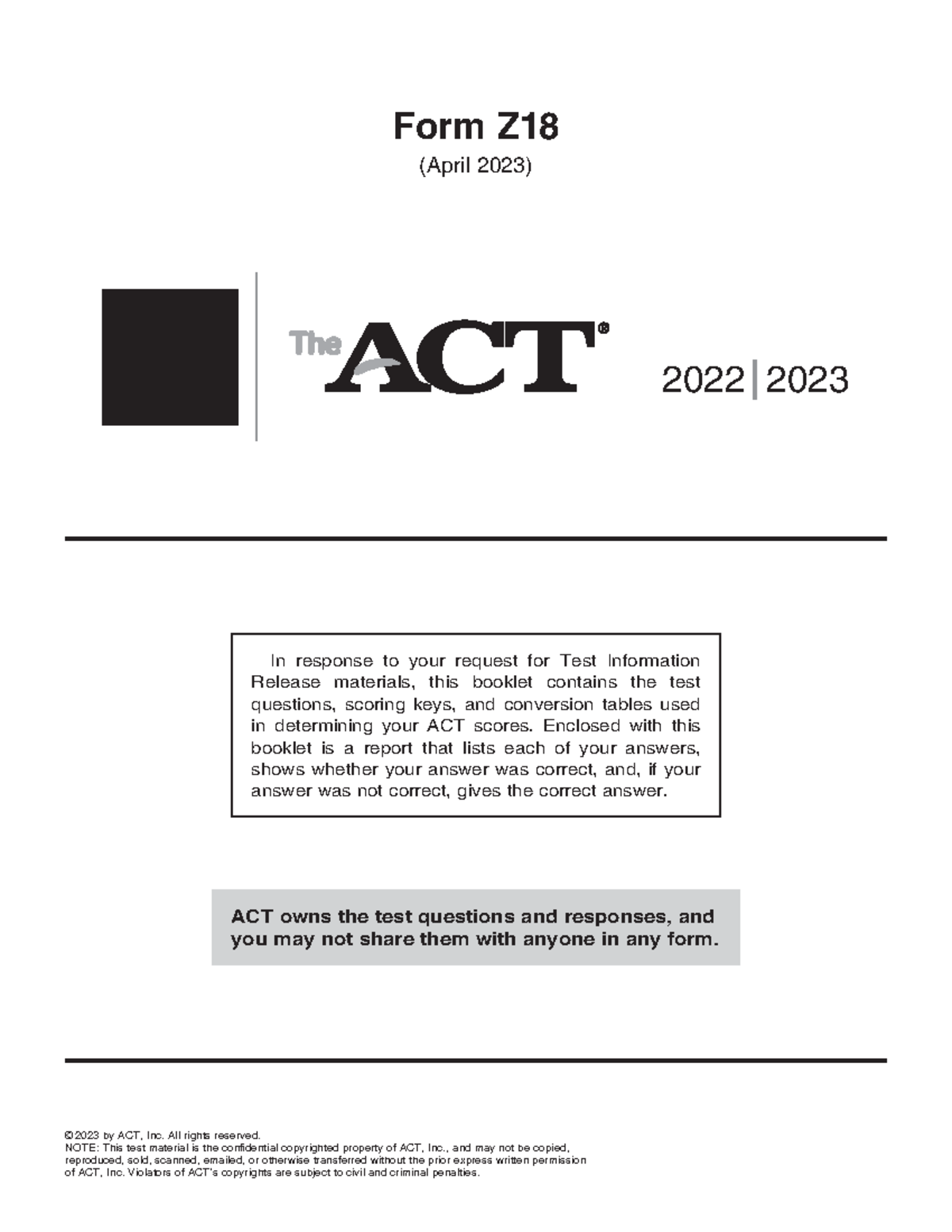 ACT - 2023 - Z18 - Student Test Material and Insights - Studocu