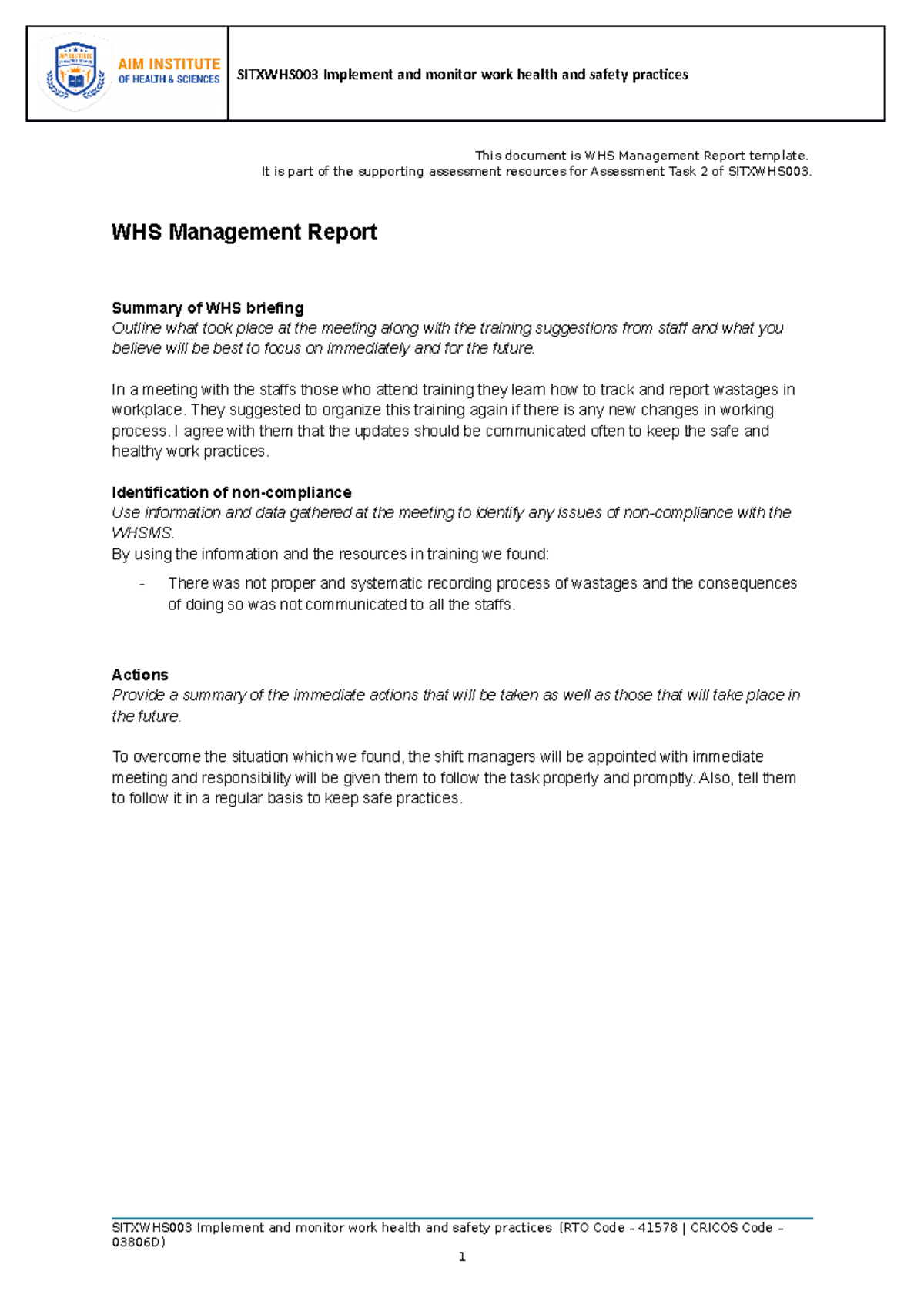 SITXWHS003 - WHS Management Report Template for Assessment Task 2 - Studocu